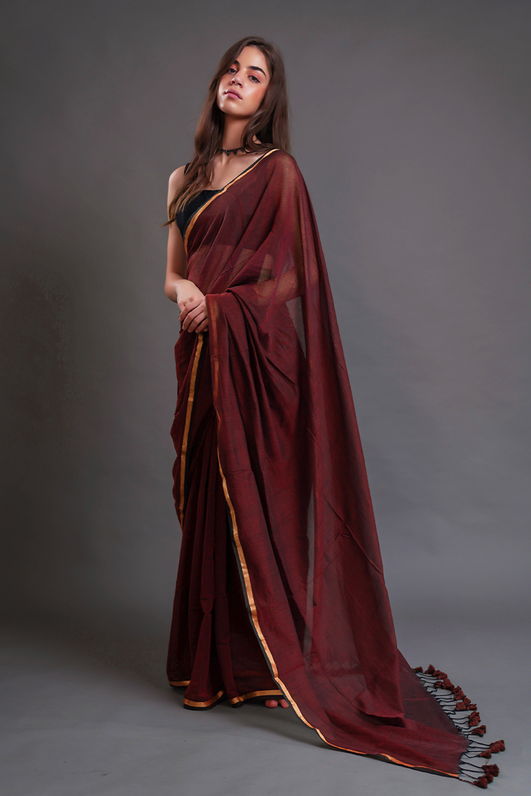 Elegant Indy Dark Maroon Saree - Mul Mul Cotton with Thin Golden Zari ...