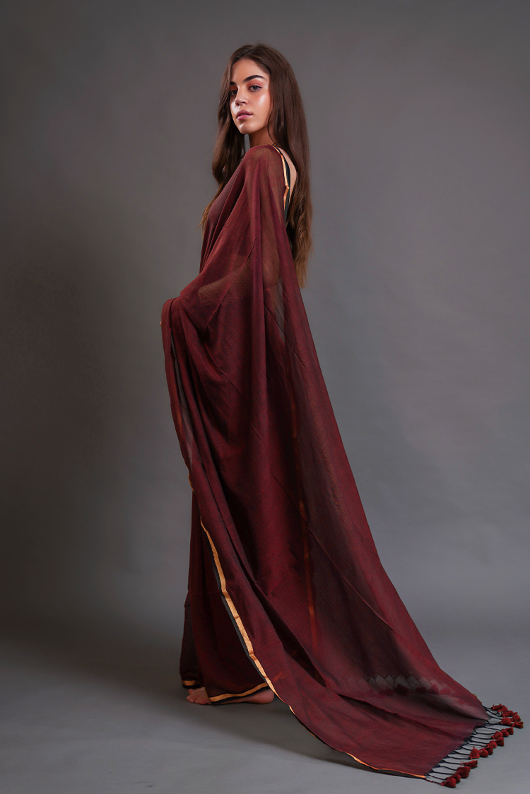 Elegant Indy Dark Maroon Saree - Mul Mul Cotton with Thin Golden Zari ...